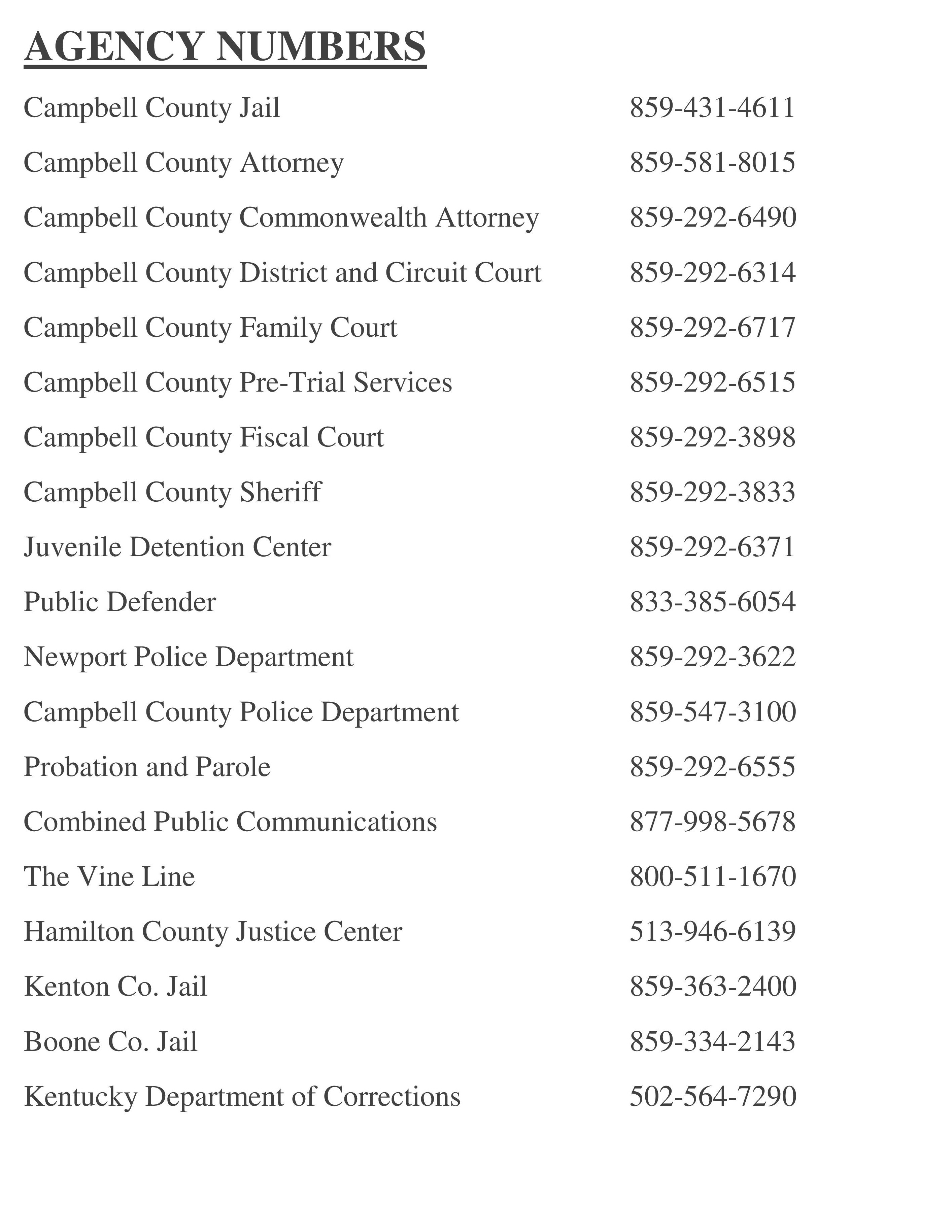 Agency Phone Numbers - Campbell County Detention Center